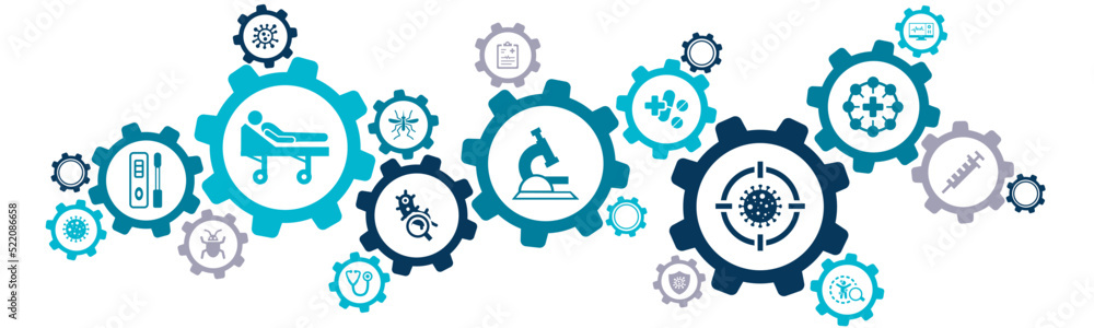 virology, virus research and therapy interconnected icon concept ...