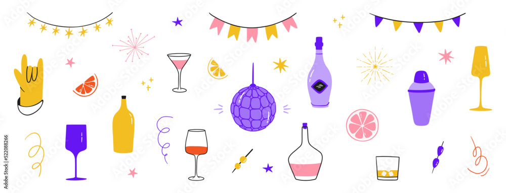 Party clipart. Large festive set. Hand-drawn elements on the theme of ...