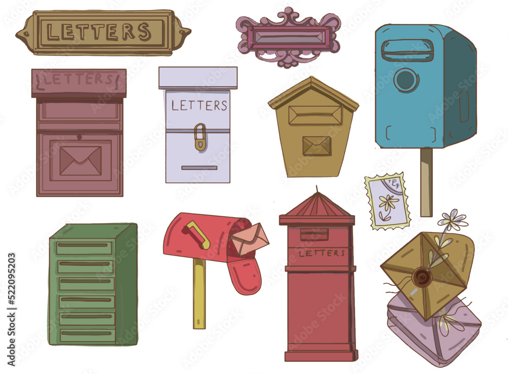 Mail retro mailboxes different, letters postage stamp hand drawn set ...