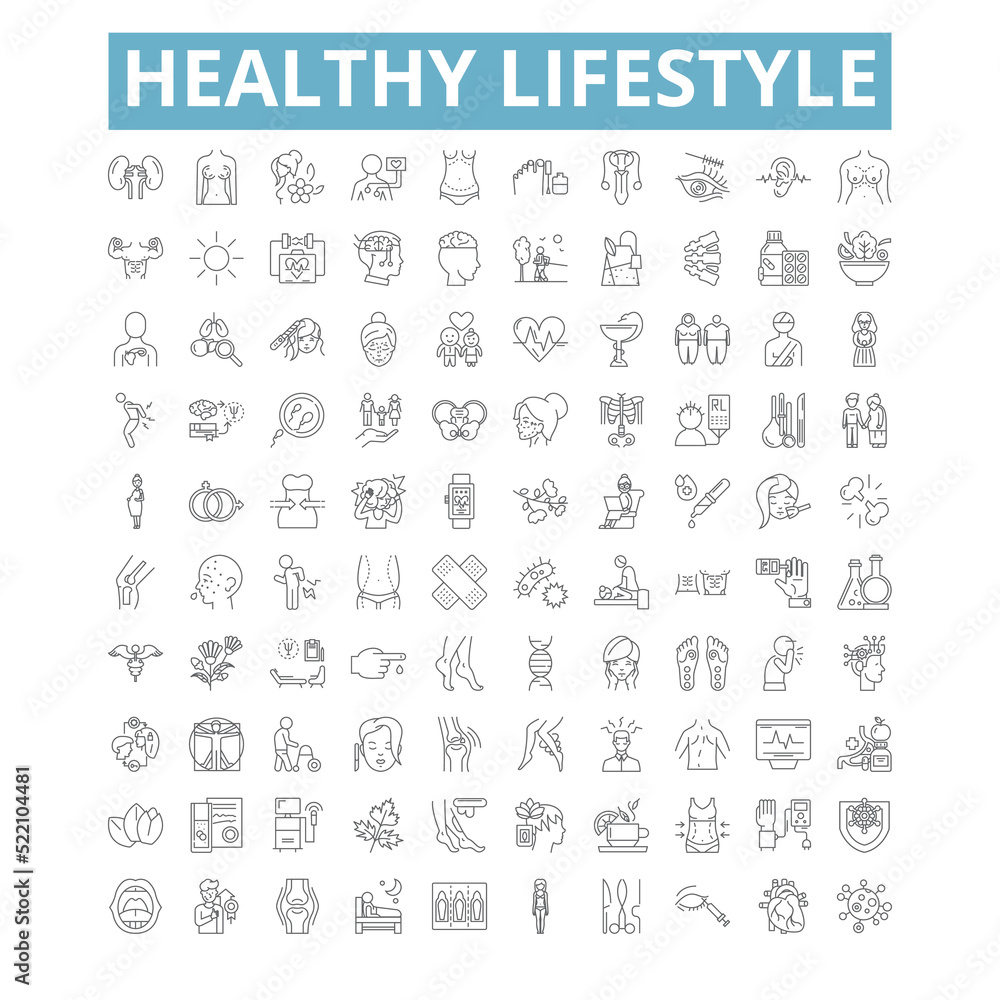 Healthy lifestyle icons, line symbols, web signs, vector set, isolated ...