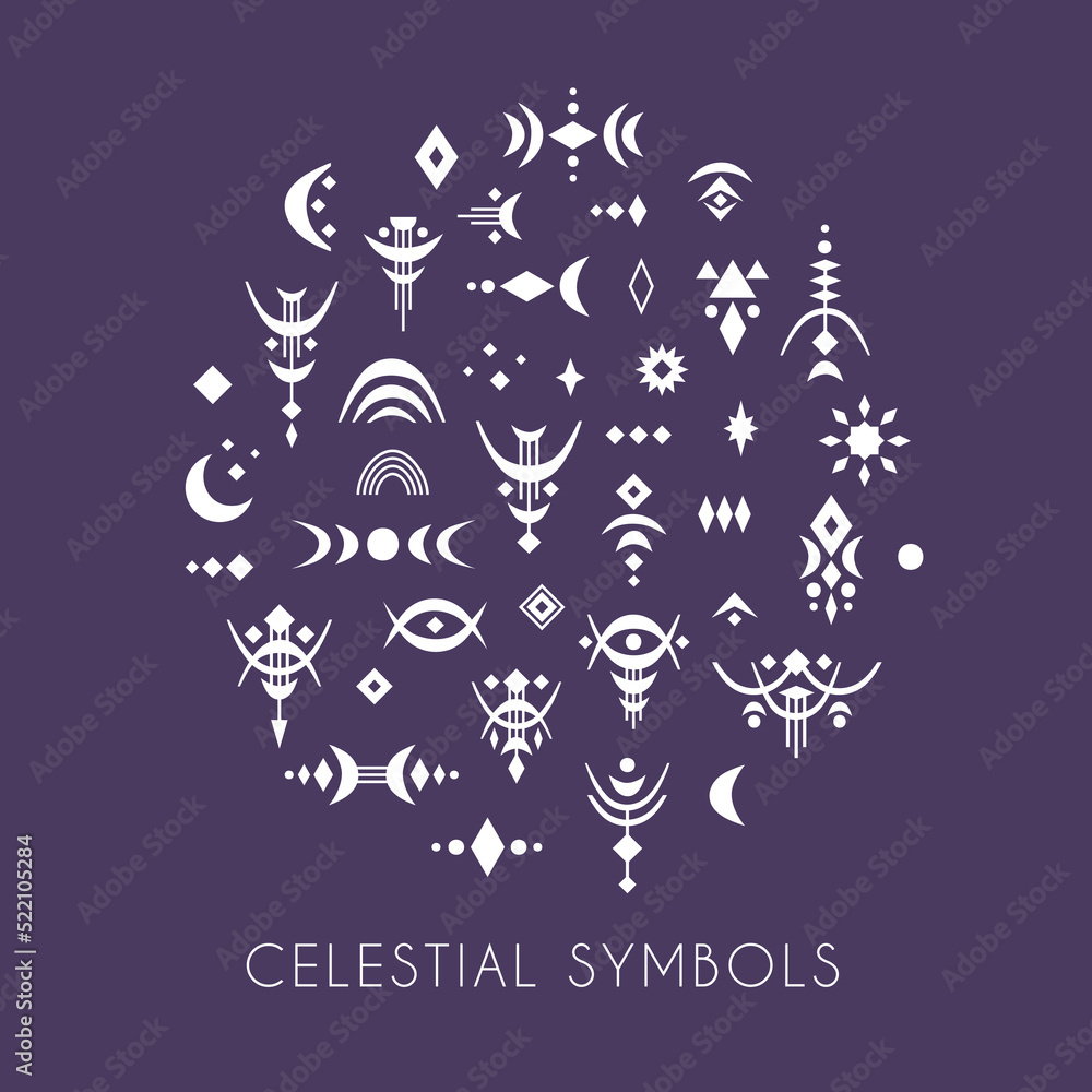 Vector set of boho celestial symbols for logo design and lettering ...