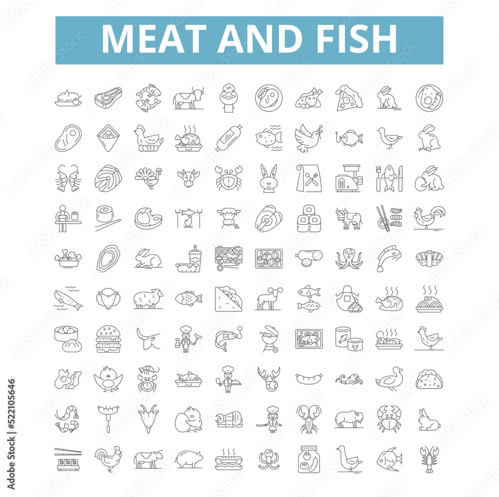 Meat and fish icons, line symbols, web signs, vector set, isolated ...