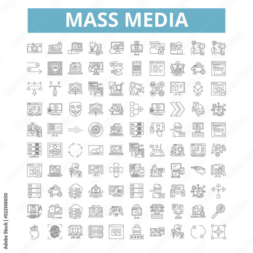 Mass media icons, line symbols, web signs, vector set, isolated ...