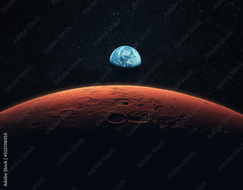 Mars, the red planet with detailed surface features and craters in deep ...