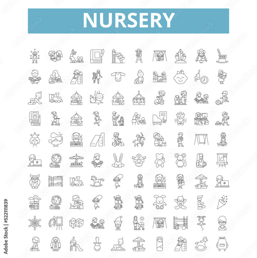 Nursery icons, line symbols, web signs, vector set, isolated ...