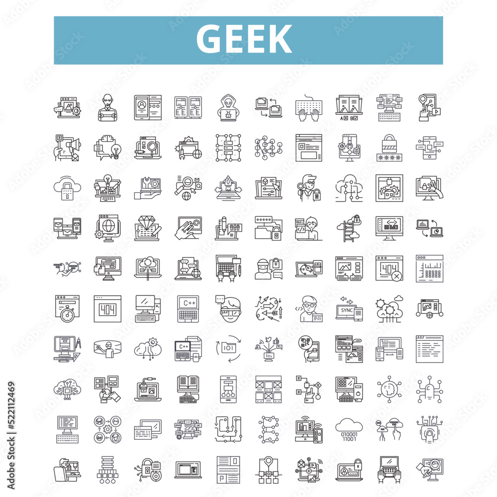 Geek icons, line symbols, web signs, vector set, isolated illustration ...
