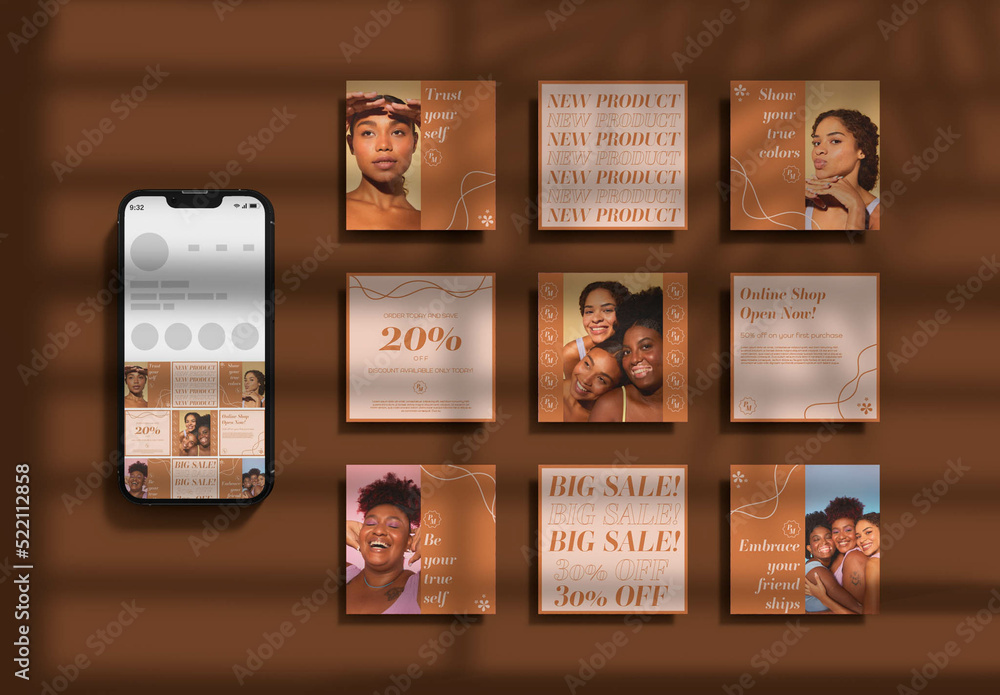 Smartphone with Social Media Post Layouts Screen Mockup Stock Template ...