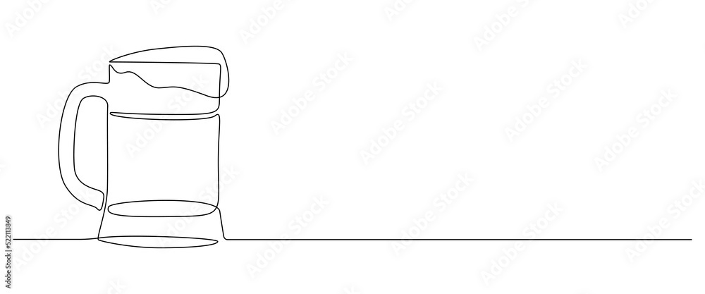 Continuous one line drawing of beer glass with foam. Barley drink ...