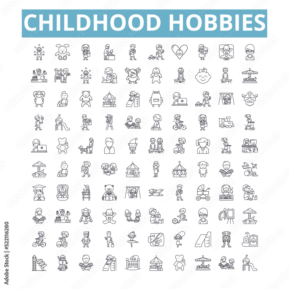 Childhood hobbies icons, line symbols, web signs, vector set, isolated ...