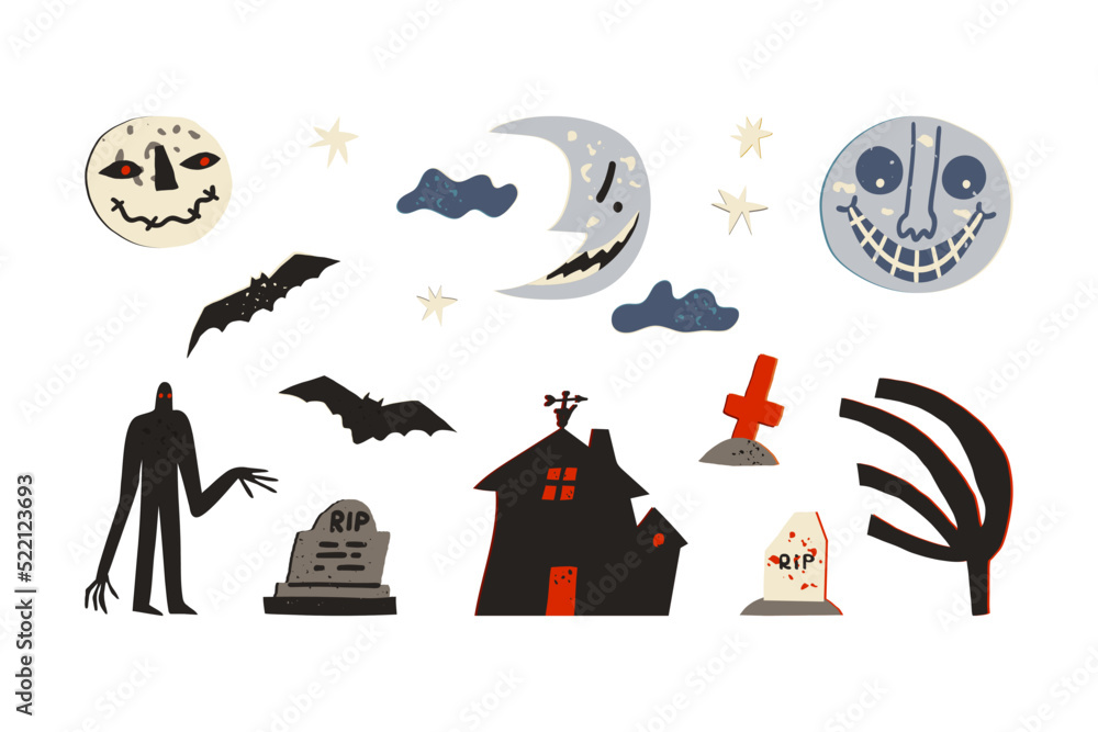 Halloween exterior clipart. Spooky monster, graves, empty ghost house ...