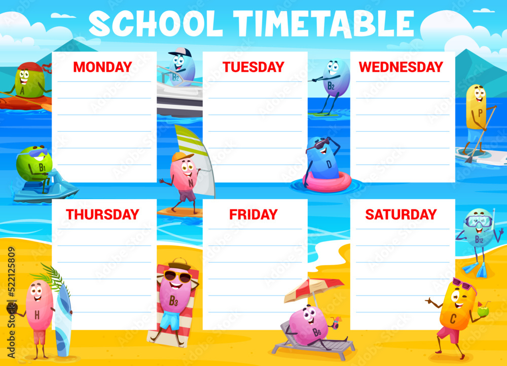 Timetable schedule. Cartoon vitamins on summer beach vacation. Lessons ...