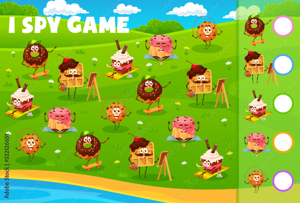 I spy game cartoon dessert sweet cookie and cake characters. Children ...