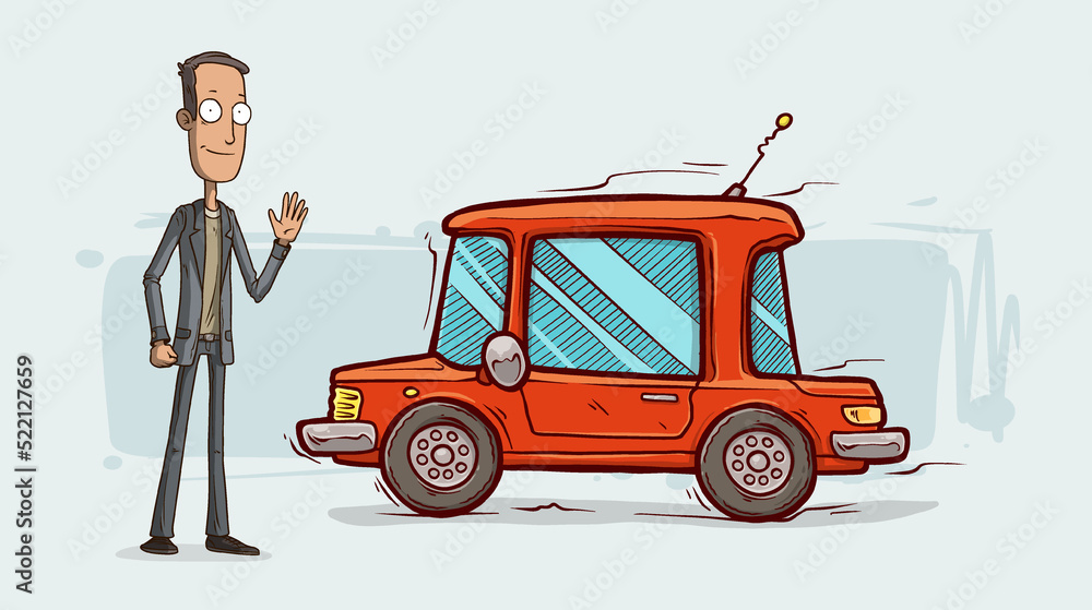 Cartoon cute retro red car with antenna and standing funny smiling ...