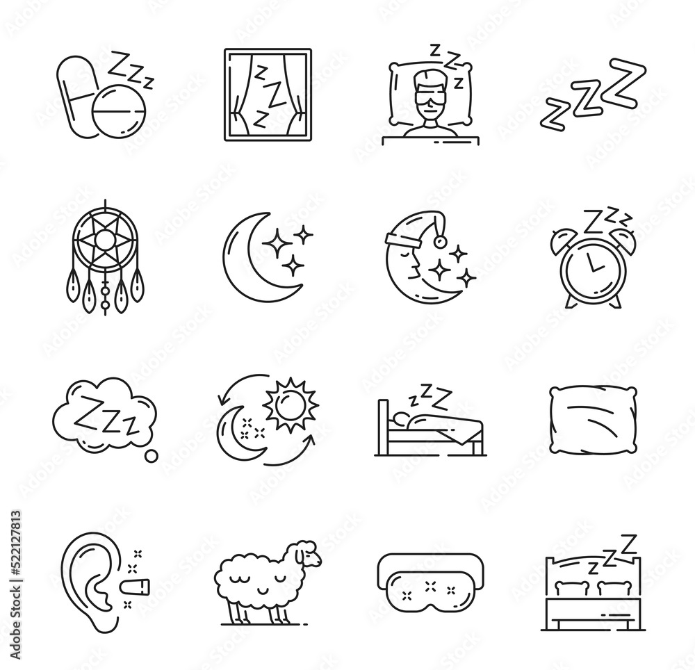 Sleep icons, night dreams and bedtime items, bed pillow, moon and ...