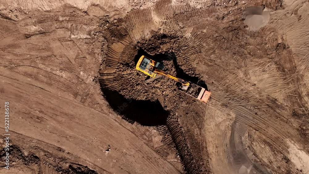 Excavator during clay mining. mining in open pit. Aerial view of an ...