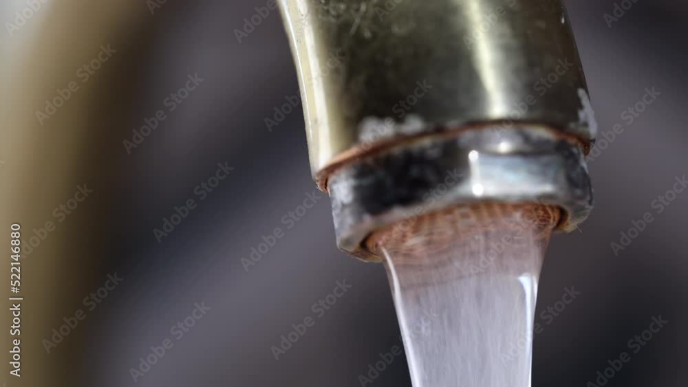 Jet Water Tap Stream Pours. Turning Off The Tap Water. Water Dripping ...