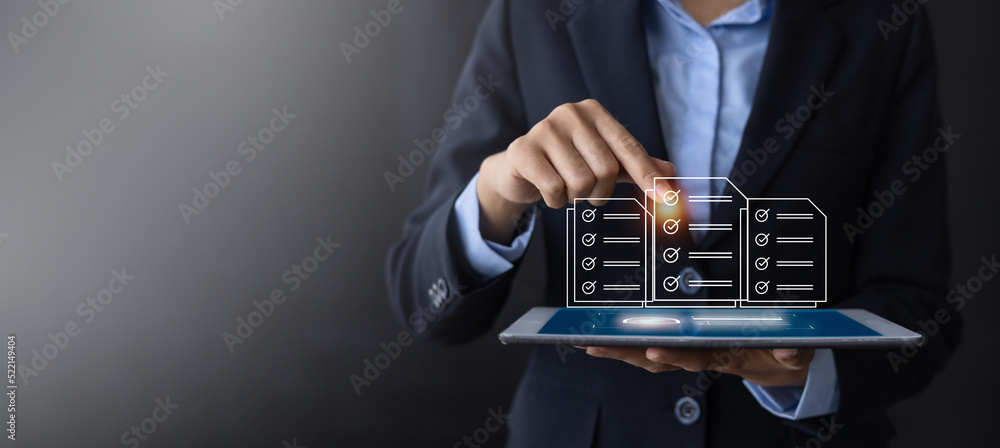 Businesswoman work on digital tablet contract Electronic signature, e ...