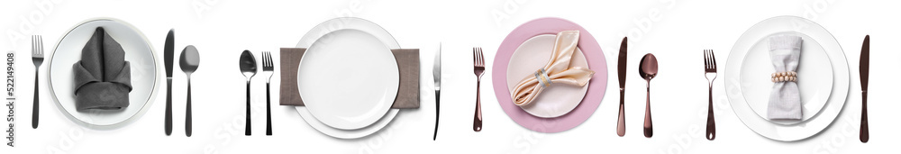 Set with examples of different beautiful table settings on white ...