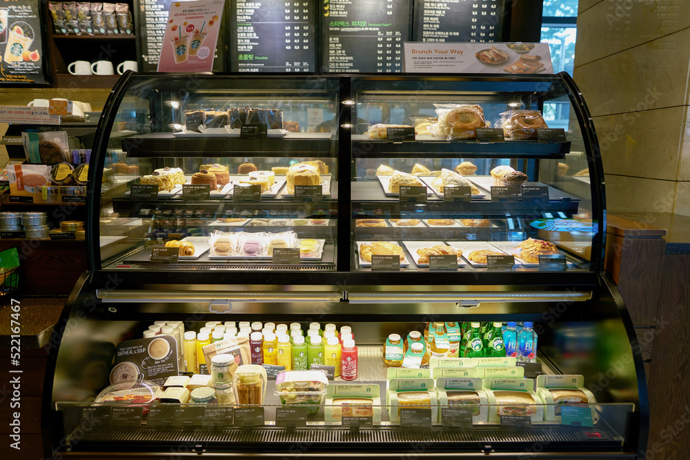 SEOUL, SOUTH KOREA - CIRCA MAY, 2017: display case at Starbucks in ...
