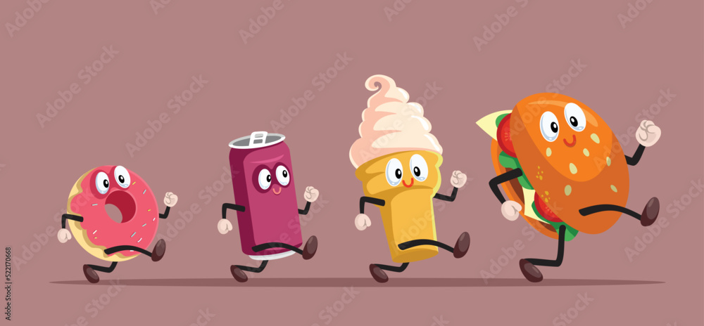 Fast Food Items Running Funny Concept Cartoon Illustration. Burger, ice ...