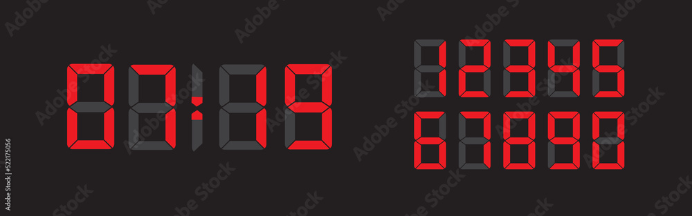 Digital led numbers set. Electronic clock. Red digital clock. Digital ...