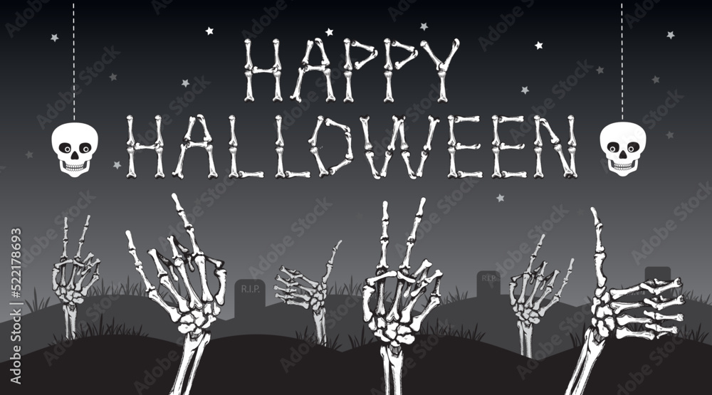 Happy halloween banner with skeleton hands with peace, rock and like ...