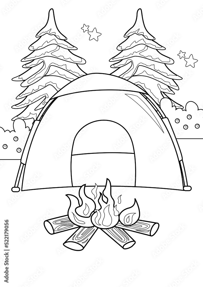 Camping Tent Coloring Pages A4 for Kids and Adult Stock Vector | Adobe ...