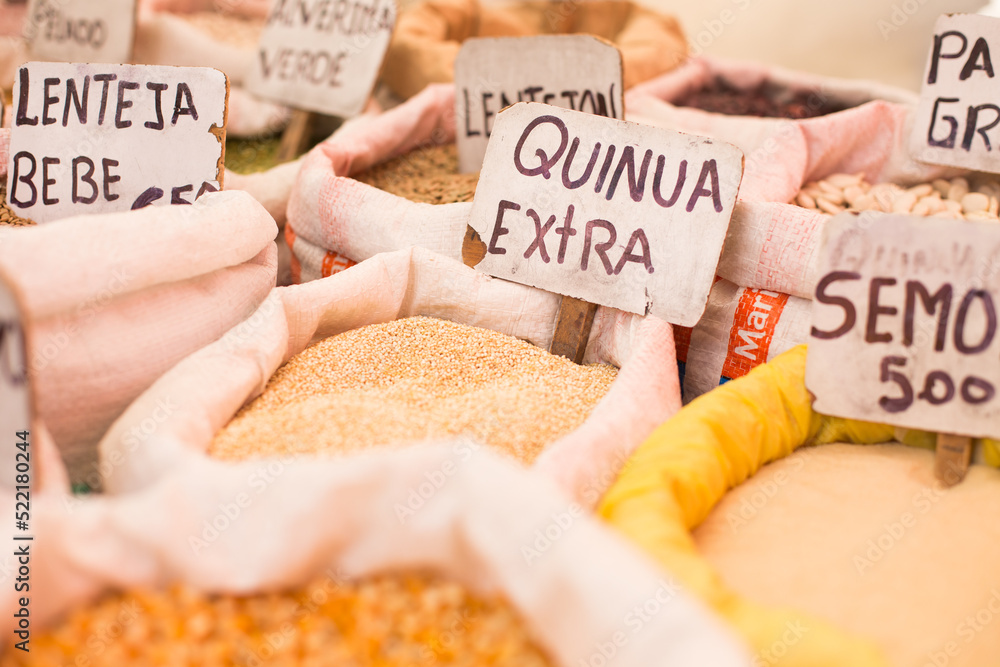 Stockfoto Photograph of cereals in sacks at a typical Peruvian fair ...