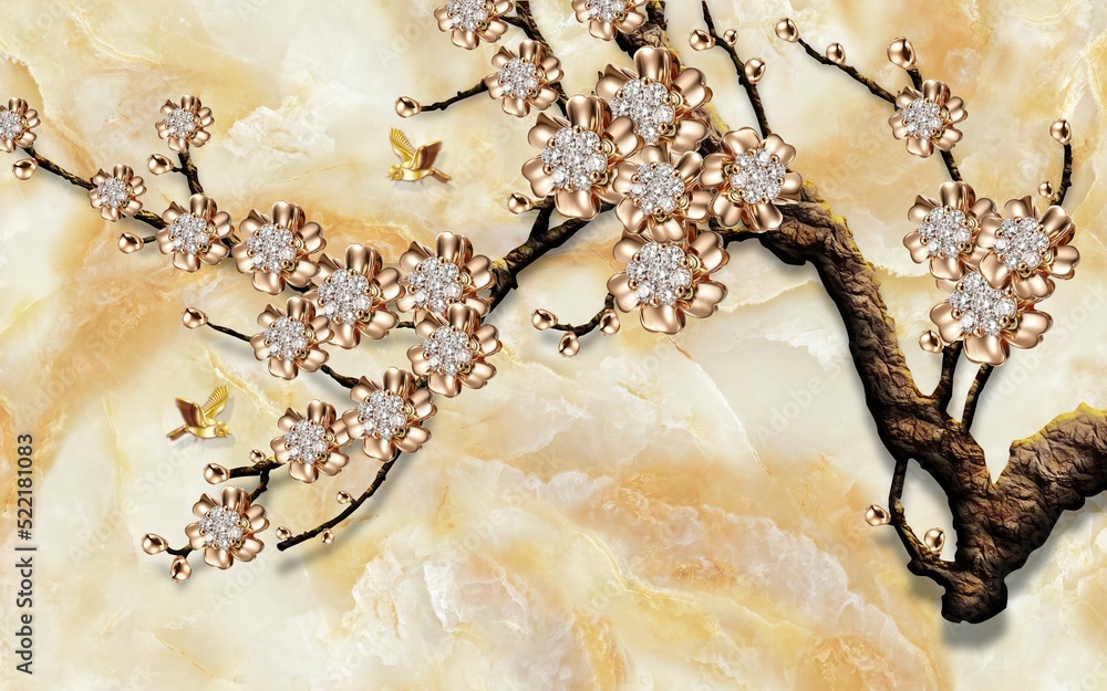 Luxury golden diamond jewellery flowers on tree and birds with stone ...