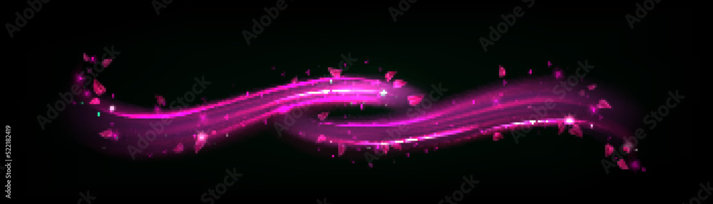 Purple light wave with sparks and leaves. Magic glow effect with star ...