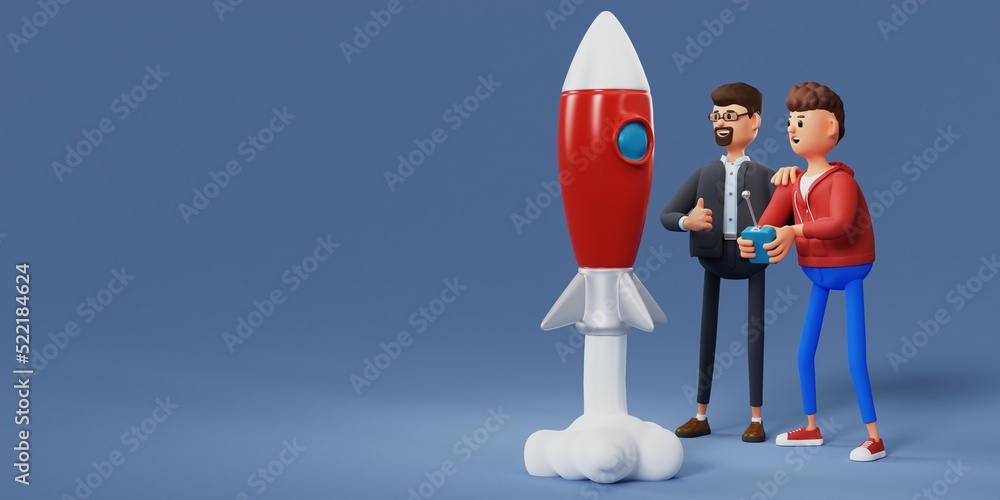 Innovation and Startup Concept. Two guys cartoon character launches a ...