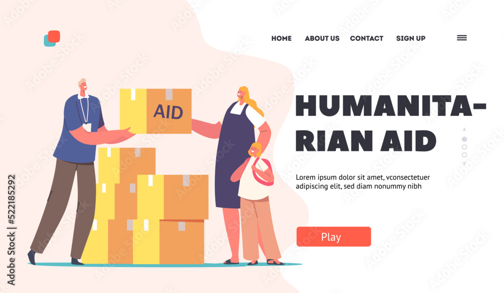 Humanitarian Aid Landing Page Template. Volunteer Character Giving Help ...