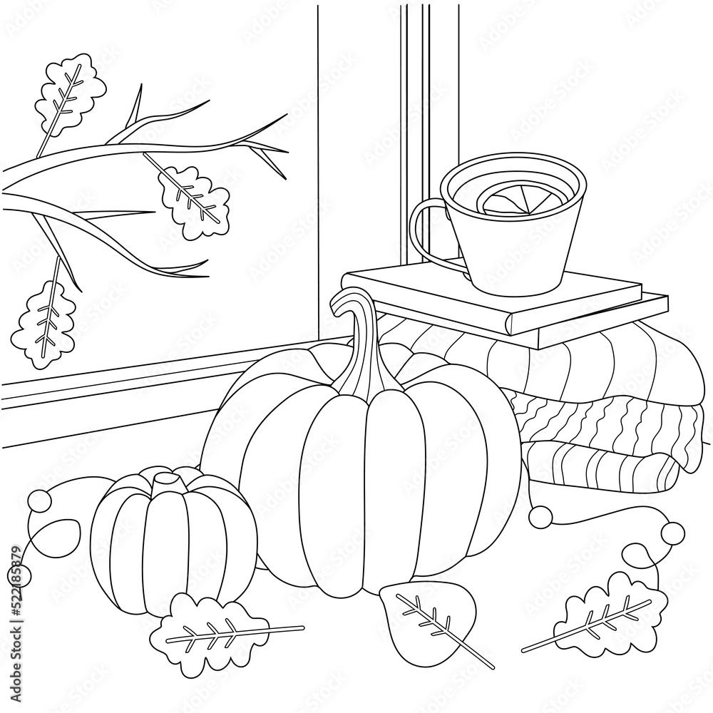 Fall coloring page with pumpkin tea on window. Illustration of autumn ...