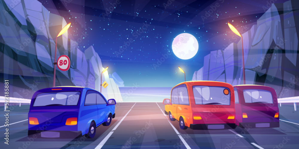 Vektorová grafika „Cars driving at night highway rear view, automobiles ...