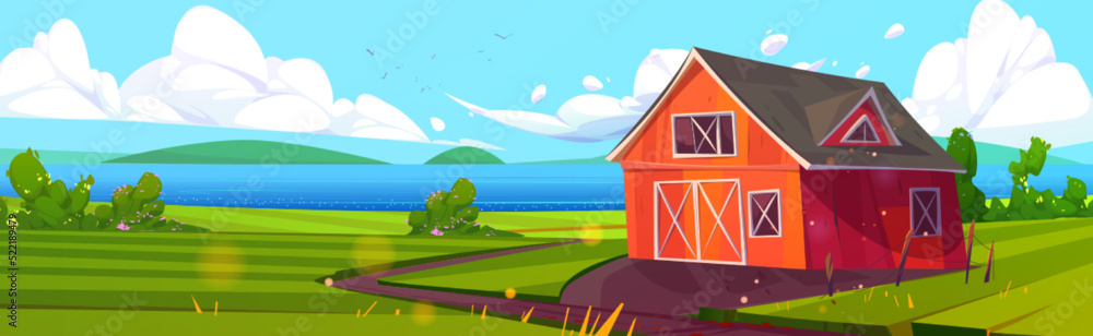 Summer rural scene with green agriculture fields, farm barn and river ...