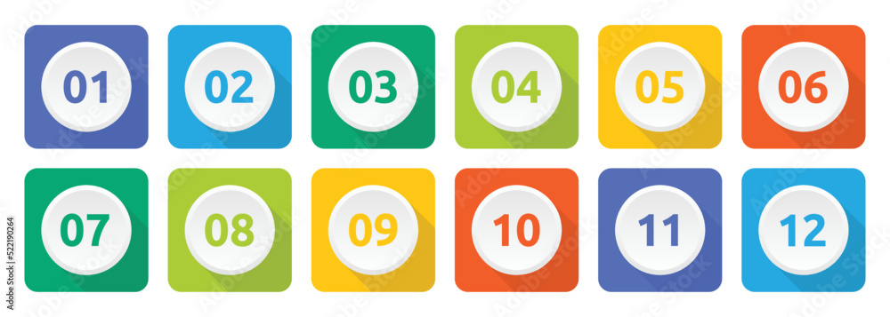 Set of colorful number button from 1 to 12 flat design. Vector ...