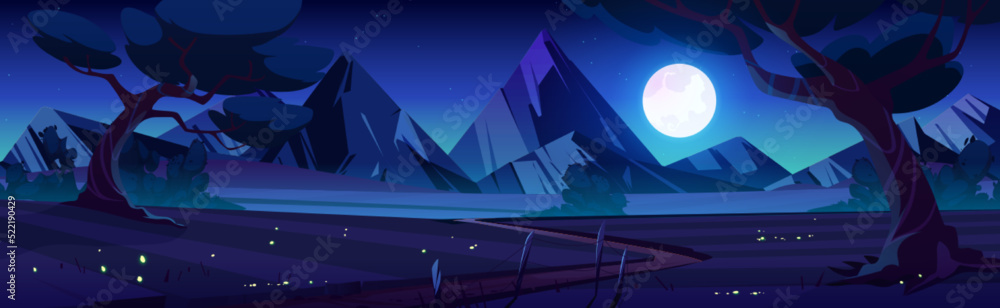 Cartoon nature landscape at night time. Rural dirt road going along ...