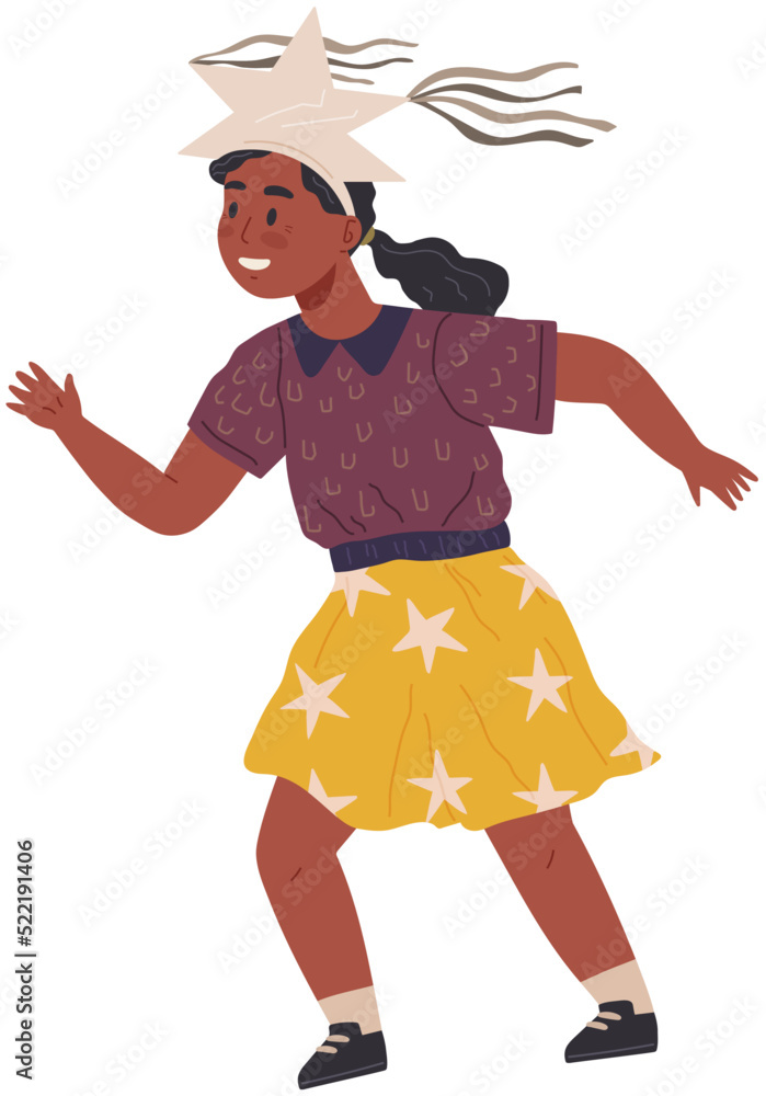 Cute young lady dressed in fairy costume of star. Cosplay female child at costume party ...