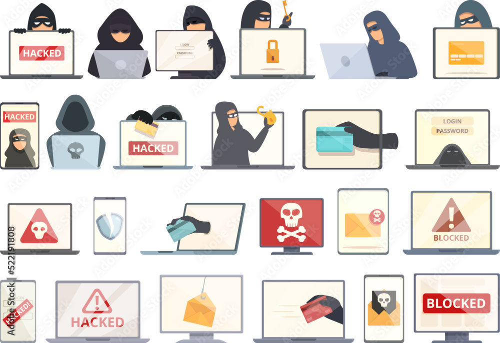 Hacker attack icons set cartoon vector. Fraud hacking. Attack criminal ...