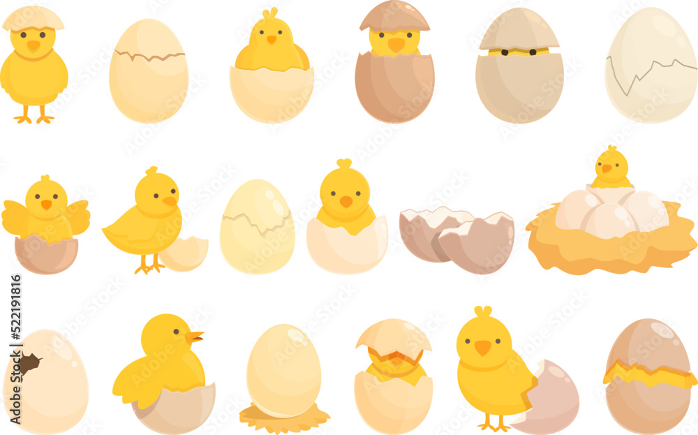 Chicken hatching icons set cartoon vector. Egg nest. Chicken baby Stock ...
