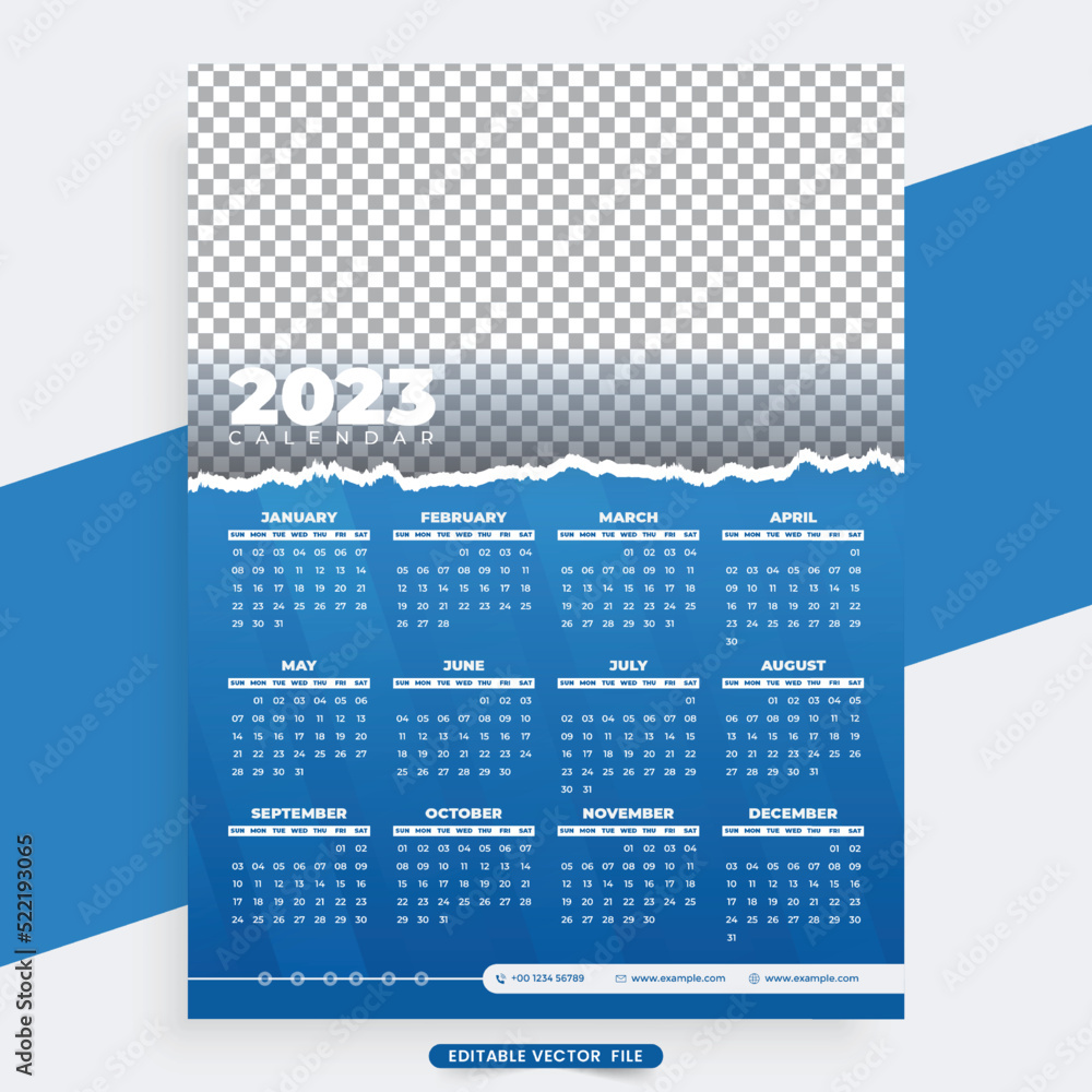 Modern 2023 new year calendar design with blue color and brush effect ...