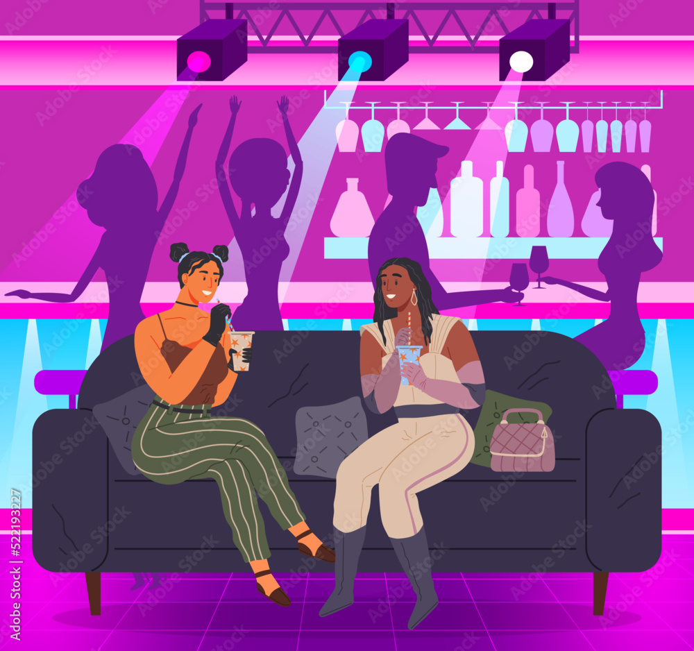 Company party funny characters of human, man and woman in nightclub ...