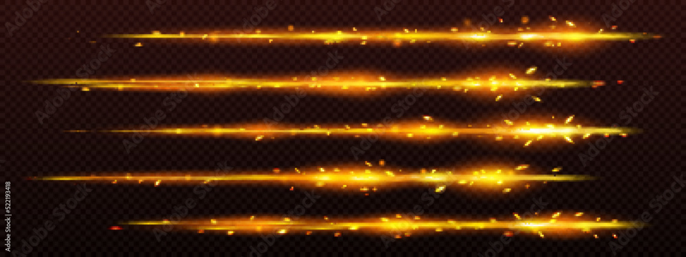 Fire trails with sparks, abstract bright glow lines. Vector realistic set of flame streaks ...