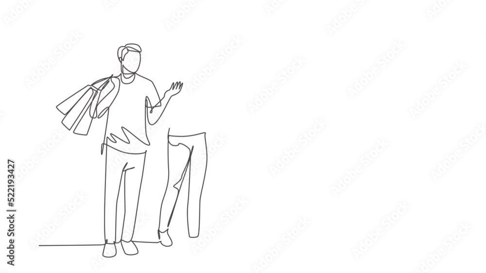 Animation of one line drawing romantic couple walking and shopping ...