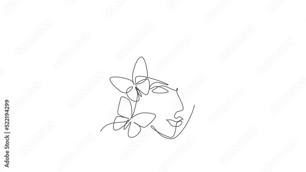 Animation of one line drawing woman with butterfly line art. Female ...