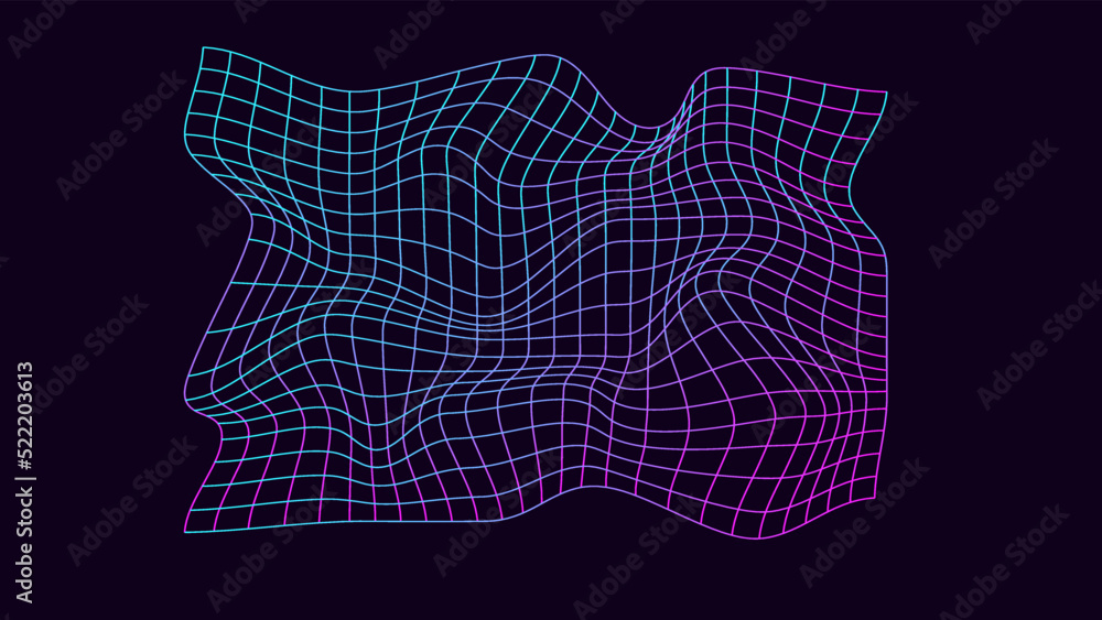 Futuristic wavy grid in the style of retrofuturism. Geometric dynamic wave. 3D technology ...