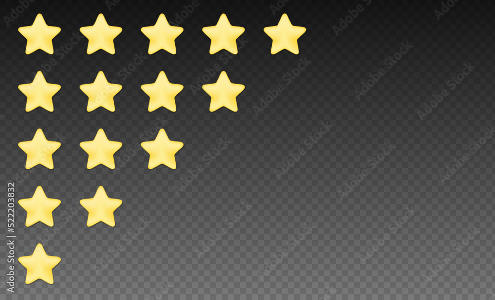 5 Gold stars rating set isolated on transparent background. Vector ...