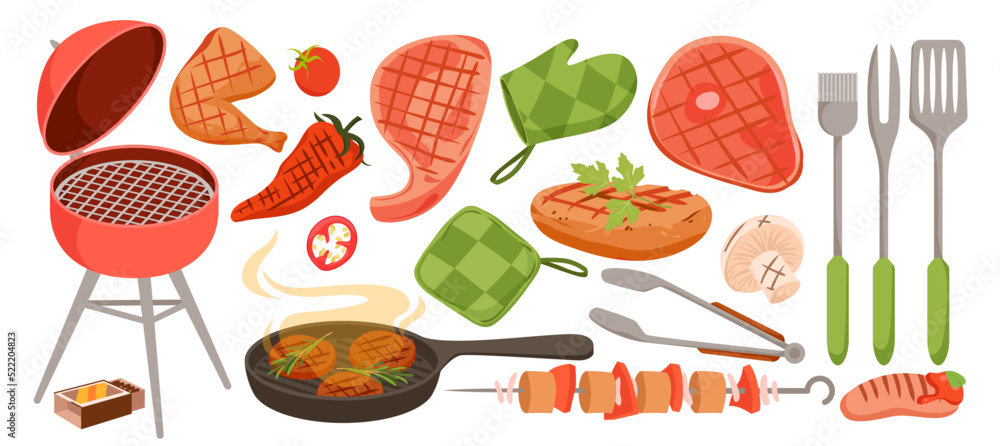 BBQ set, hot barbecue grilled food vector illustration. Cartoon ...