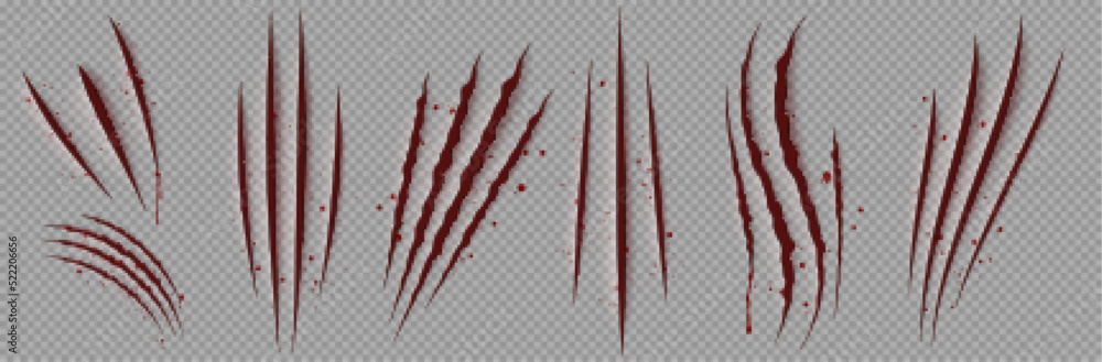 Blood scratches of wild animal claws, red scary talons marks isolated ...