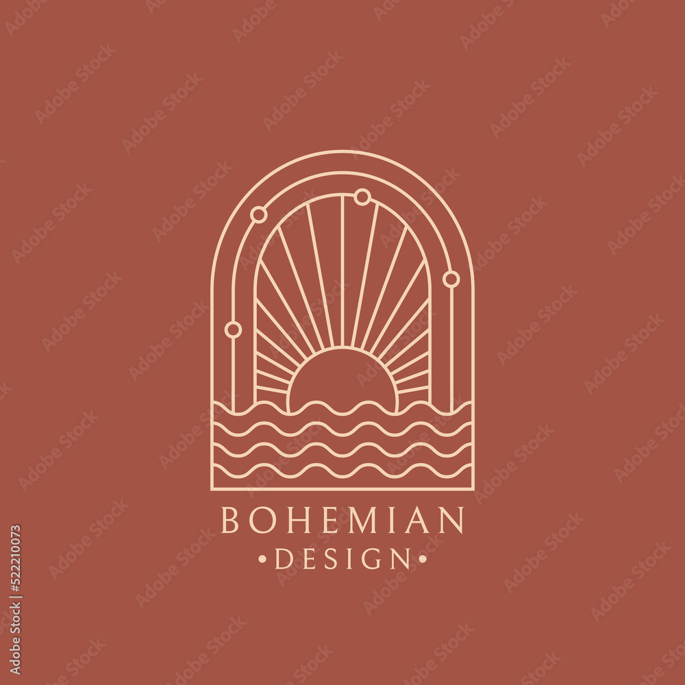 Boho logo. Vector isolated bohemian design with sun and ocean waves ...